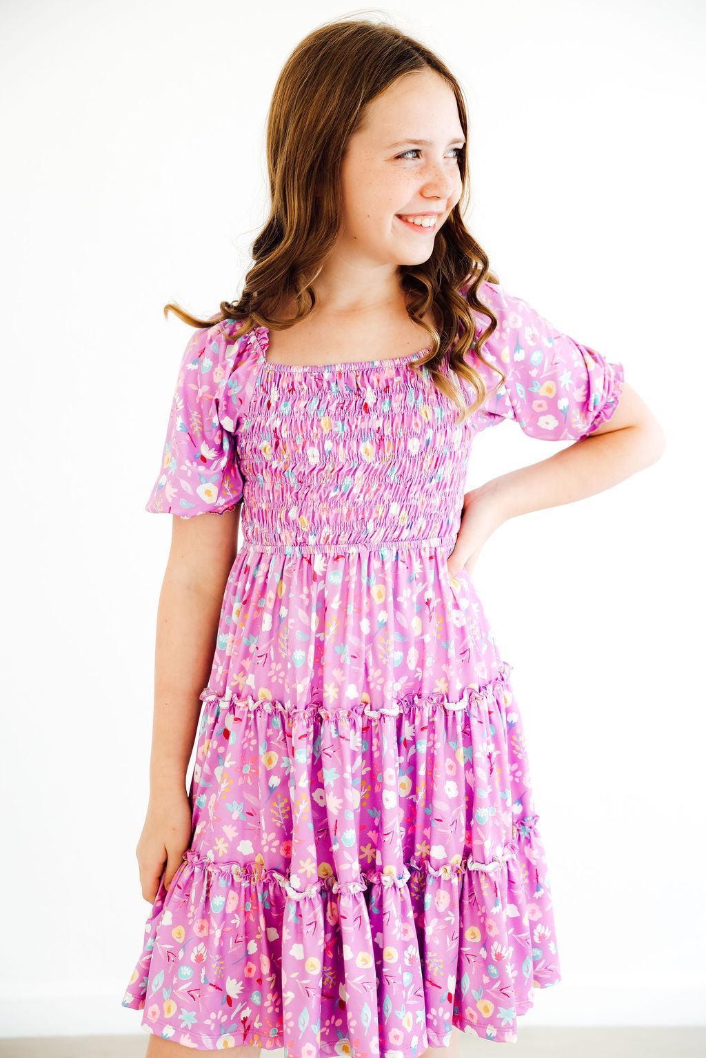 Girls Playful Posy Smocked Ruffle Dress – Blissfully Lavender Boutique